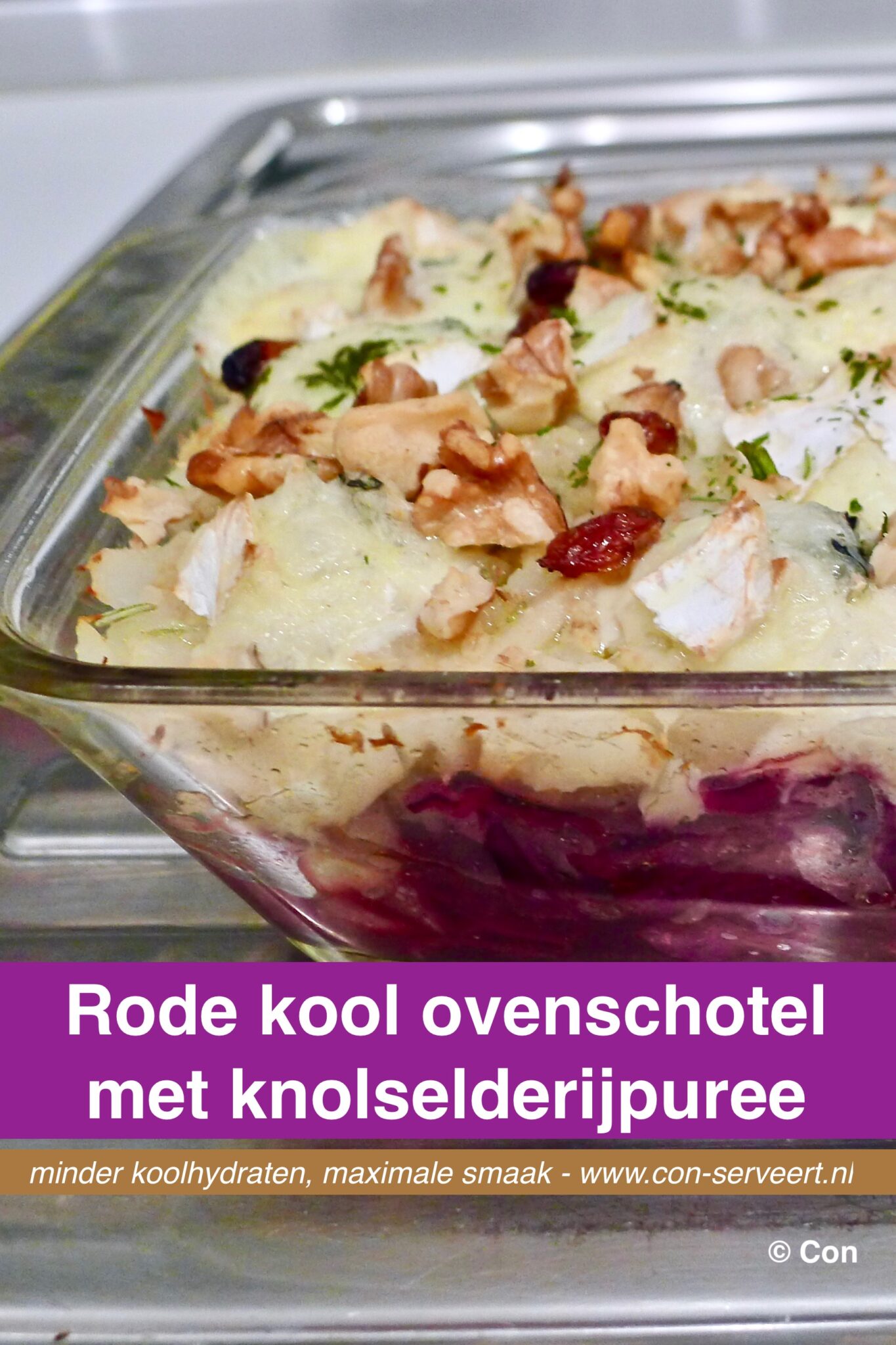 Rode kool ovenschotel met knolselderijpuree - Con-serveert